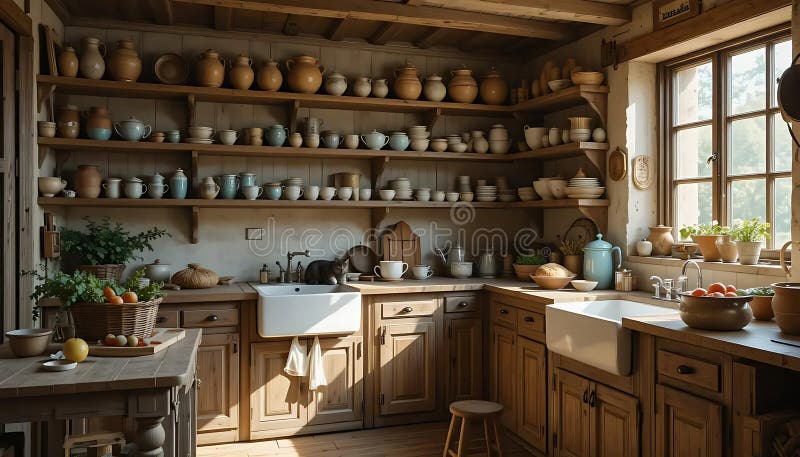 Rustic Kitchen Interior with Pottery Display on Wooden Shelves, Natural ...