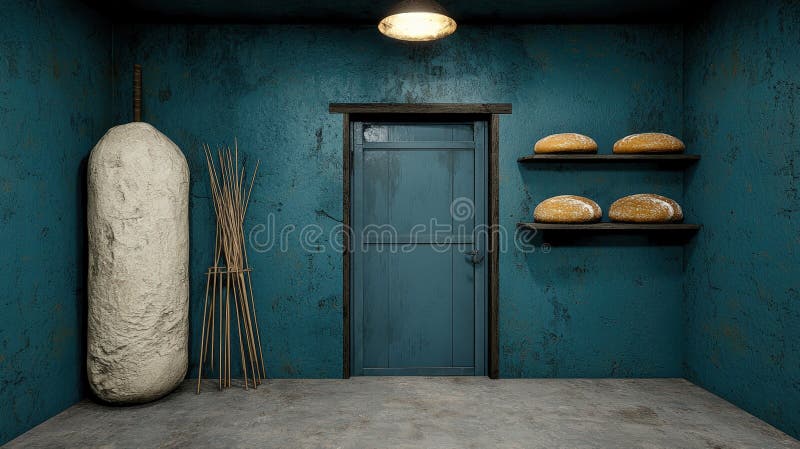 Rustic Kitchen Interior with Shelves of Bread and a Blue Wall ...