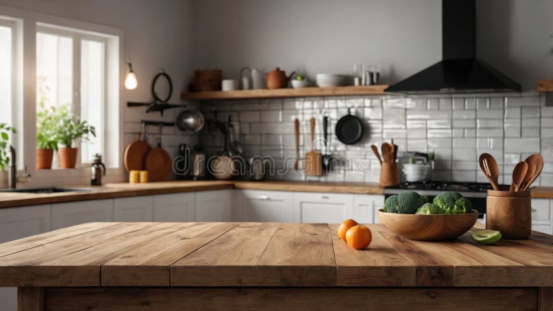 Rustic Kitchen Interior Showcasing Wooden Table and Blurred Kitchen ...