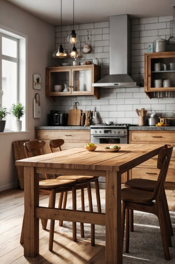 Rustic Kitchen Interior Showcasing Wooden Table and Blurred Kitchen ...