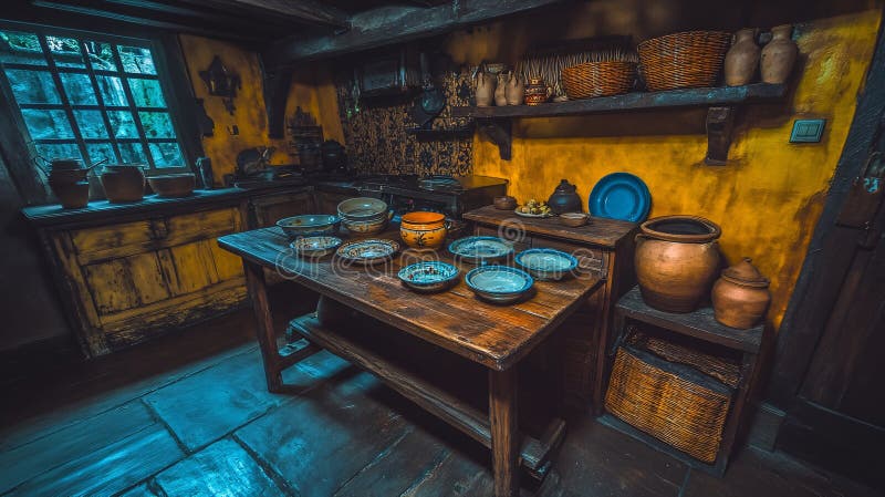 Rustic Kitchen Interior Vintage Pottery Wooden Table Old World Charm ...