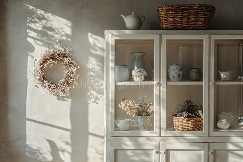 Rustic Kitchen Interior with Wicker Basket and Floral Decor on Wooden ...