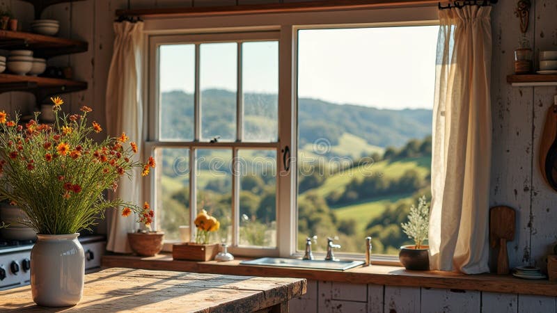 Rustic Kitchen Interior with Window View of Countryside Landscape Stock ...