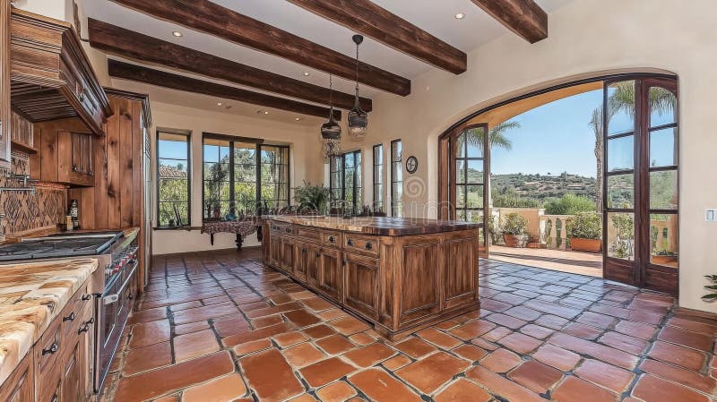 Rustic Kitchen Interior with Wood Beams and Terracotta Tile Floor Stock ...