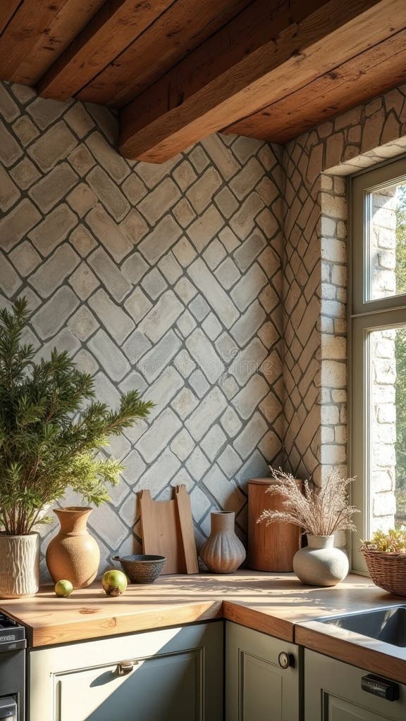 Rustic Kitchen Interior with Wooden Ceiling and Brick Patterned Walls ...