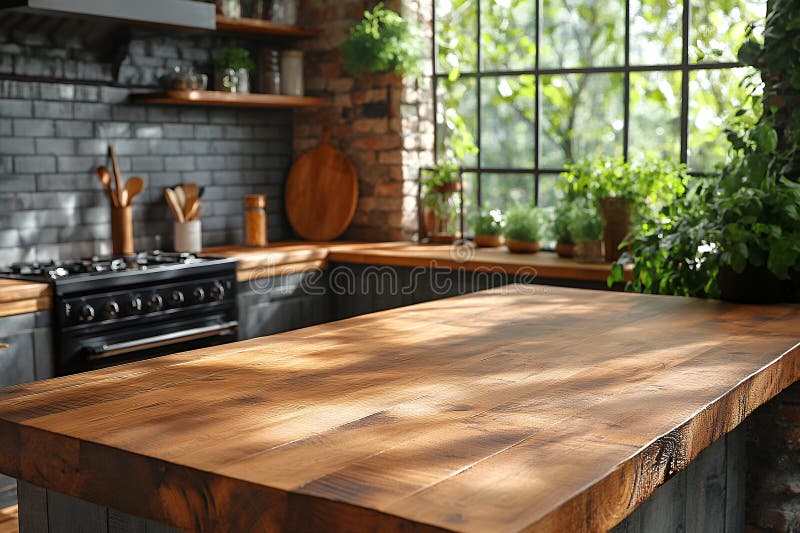 Rustic Kitchen Island Countertop Wood Texture Sunlight Natural Light ...