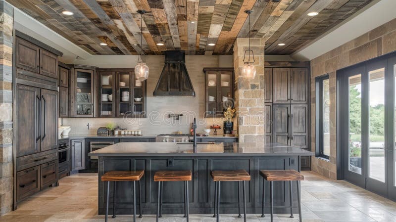 Spacious Rustic Kitchen with Kitchen Island, Stone Walls and Ceiling ...