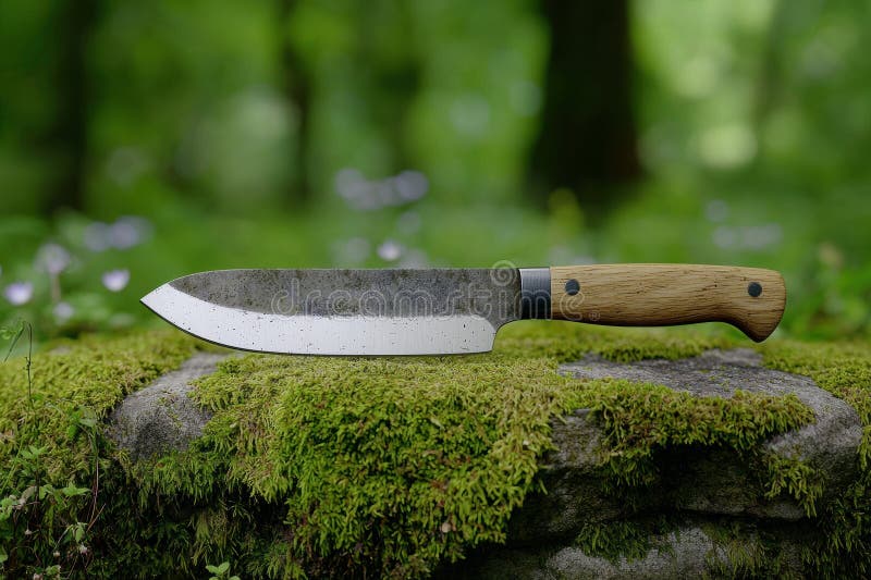 Rustic Kitchen Knife on Moss-covered Rock Stock Illustration ...