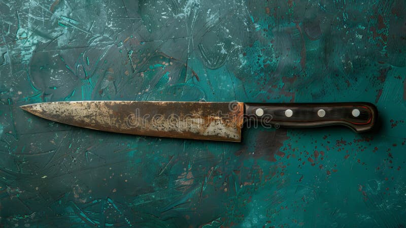 Rustic Kitchen Knife on Textured Turquoise Background, Overhead View ...
