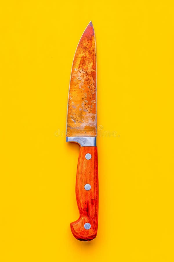 Rustic Kitchen Knife with Wooden Handle on Bright Yellow Background ...