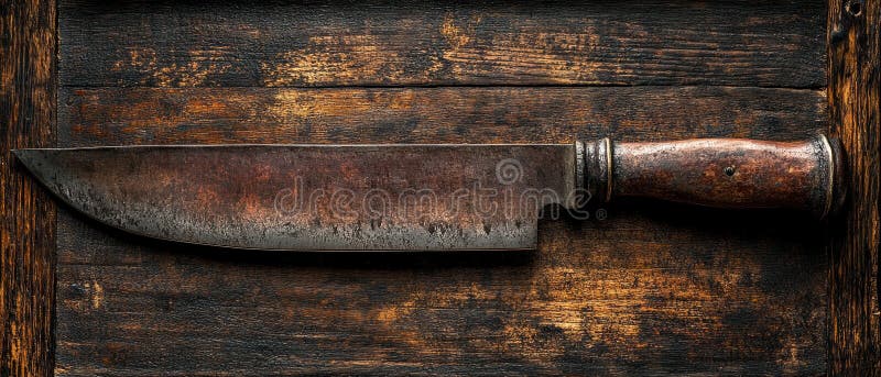 A Rustic Kitchen Knife with a Worn Blade is Placed on a Dark, Weathered ...