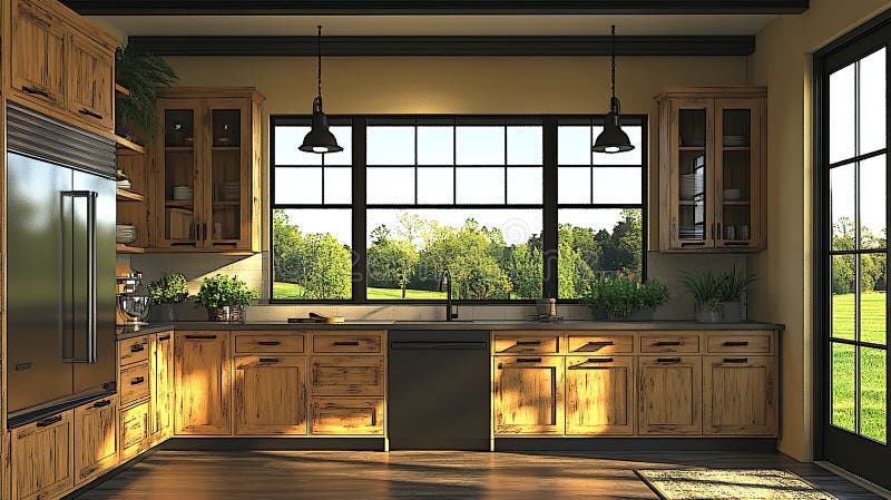 Rustic Kitchen with Large Windows Stock Illustration - Illustration of ...