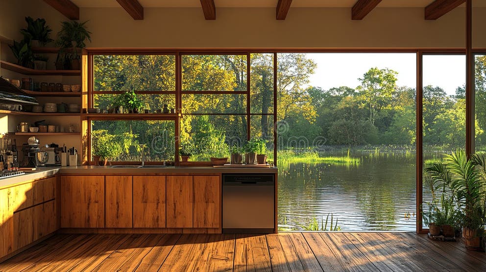 Rustic Kitchen with Large Windows Overlooking a Serene Lake Stock Photo ...