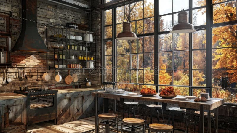 Rustic Kitchen with Large Windows, Wooden Beams, and an Abundance of ...