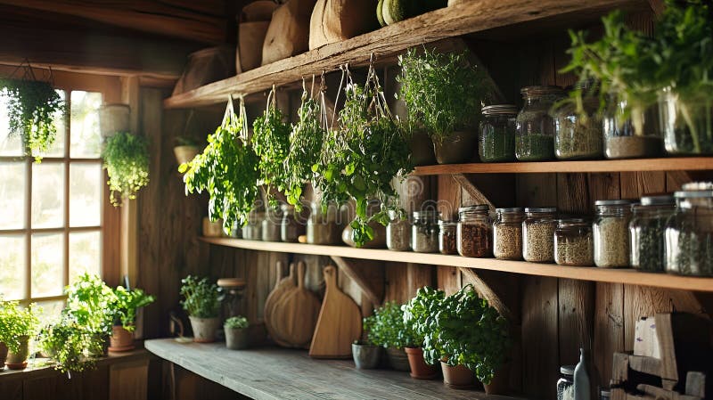 A Rustic Kitchen with Open Wooden Shelves and Fresh Herbs Hanging Stock ...