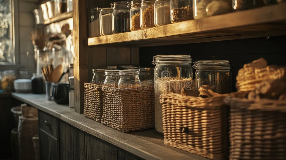 Rustic Kitchen Pantry with Jars and Wicker Baskets in Warm Afternoon ...