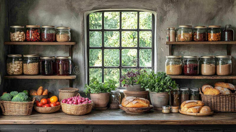 Rustic Kitchen Pantry Stocked with Jars, Fresh Produce, and Bread Stock ...