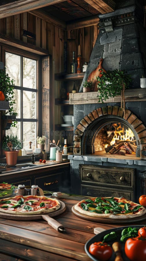 Rustic Kitchen with Pizzas and Wood-fired Oven Stock Photo - Image of ...