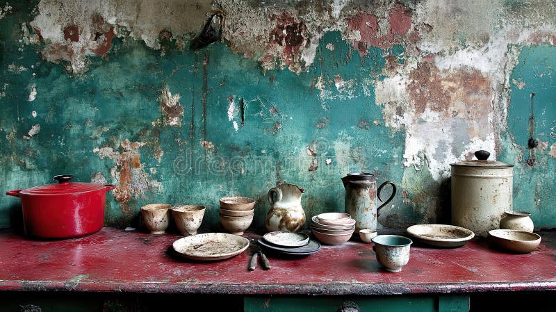 Rustic Kitchen Pottery Display, Aged Wall, Antique Setting, Food Prep ...
