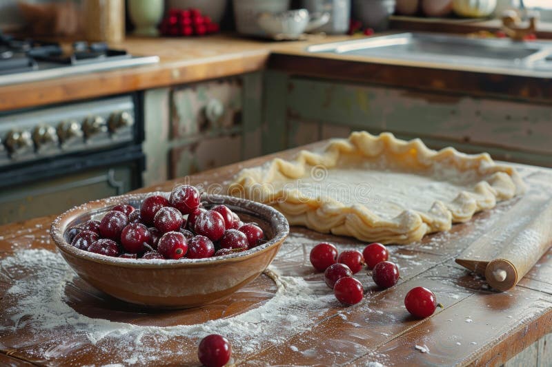Rustic Kitchen Prep of Jujube Pie, with Fresh Fruit and Dough Ready for ...