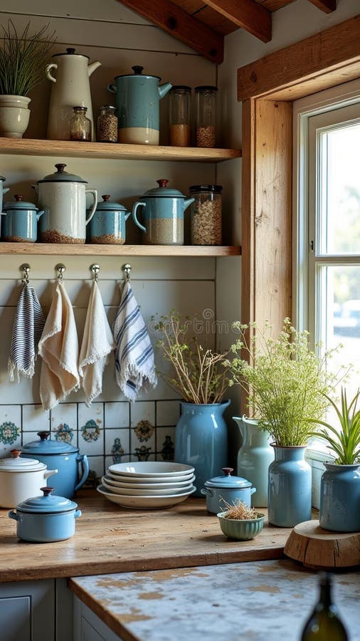 Rustic Kitchen Scene with Blue Enamel Cookware and Sunlit Wooden ...