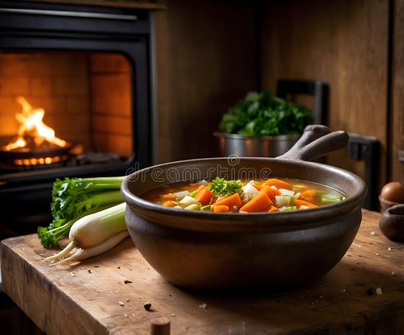 Rustic Kitchen with Vegetable Soup and Fresh Vegetables Stock ...