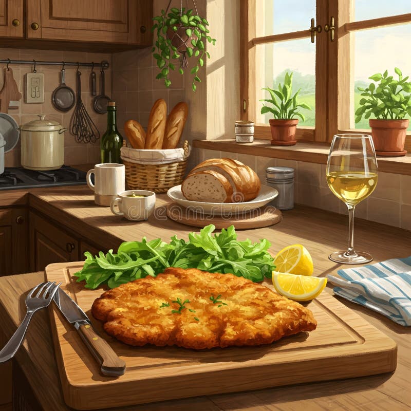 Rustic Kitchen Scene with Breaded Schnitzel, Wine, and Fresh Bread ...