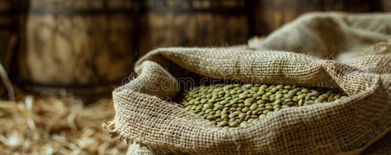 A Rustic Kitchen Scene with a Burlap Sack of Green Lentils ...