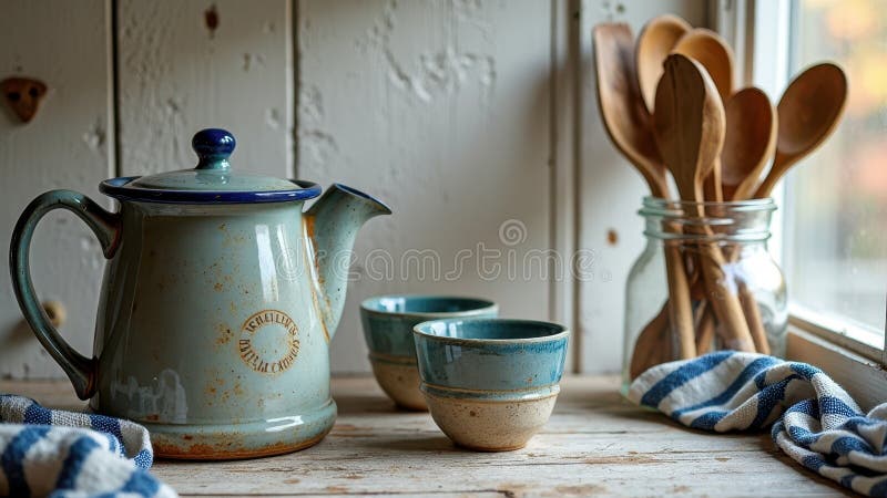 Rustic Kitchen Scene with Ceramic Teapot, Cups, and Wooden Utensils by ...