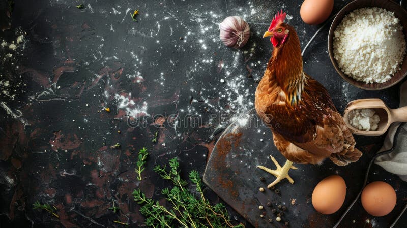 Rustic Kitchen Scene with Chicken and Fresh Ingredients Stock Image ...