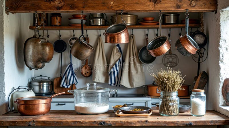 Rustic Kitchen Scene with Copper Pots and Pantry Items in a Cozy ...