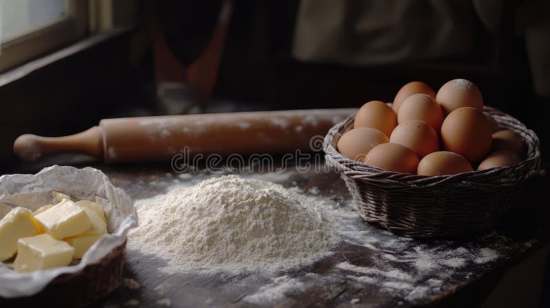 A Rustic Kitchen Scene with Eggs, Flour, and Butter, Ready for Baking ...