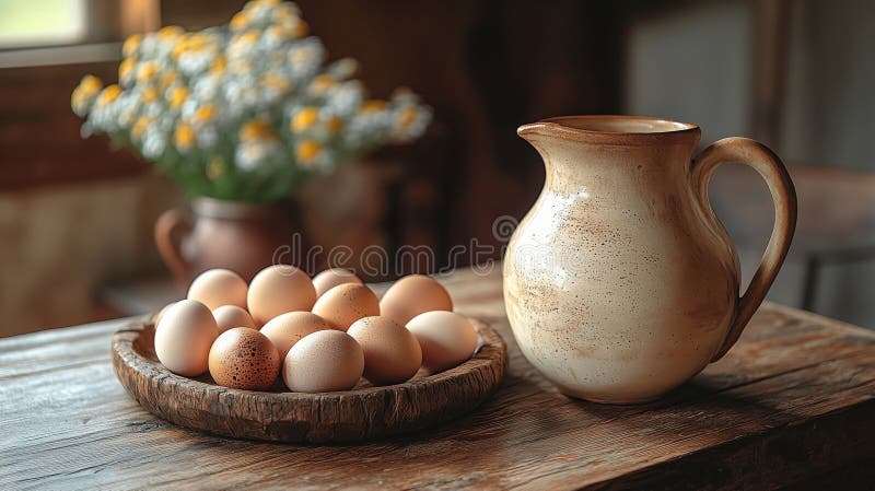 Rustic Kitchen Scene Featuring Fresh Eggs and a Ceramic Pitcher Stock ...