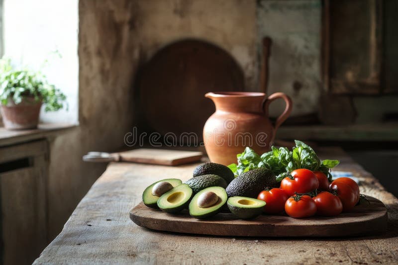 A Rustic Kitchen Scene Featuring Fresh Vegetables and a Clay Pitcher ...