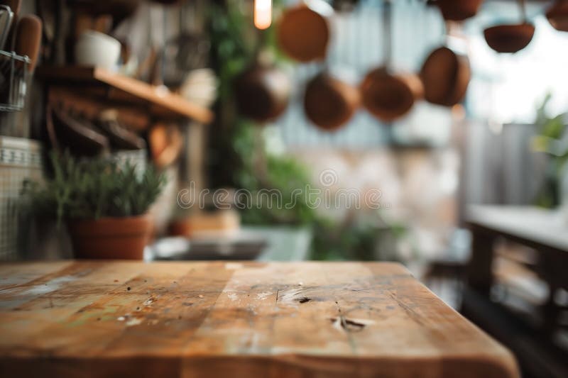 Rustic Kitchen Scene Featuring a Worn Wooden Counter, Hanging Pots, and ...