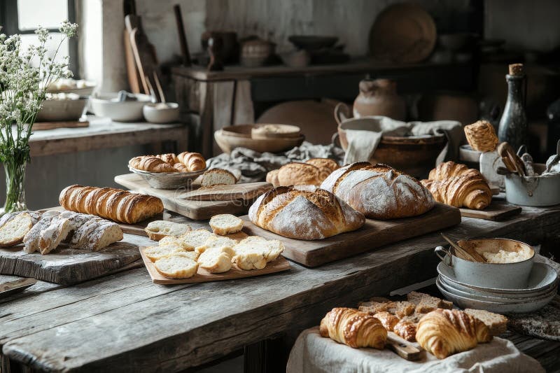 A Rustic Kitchen Scene Filled with Various Types of Freshly Baked Bread ...