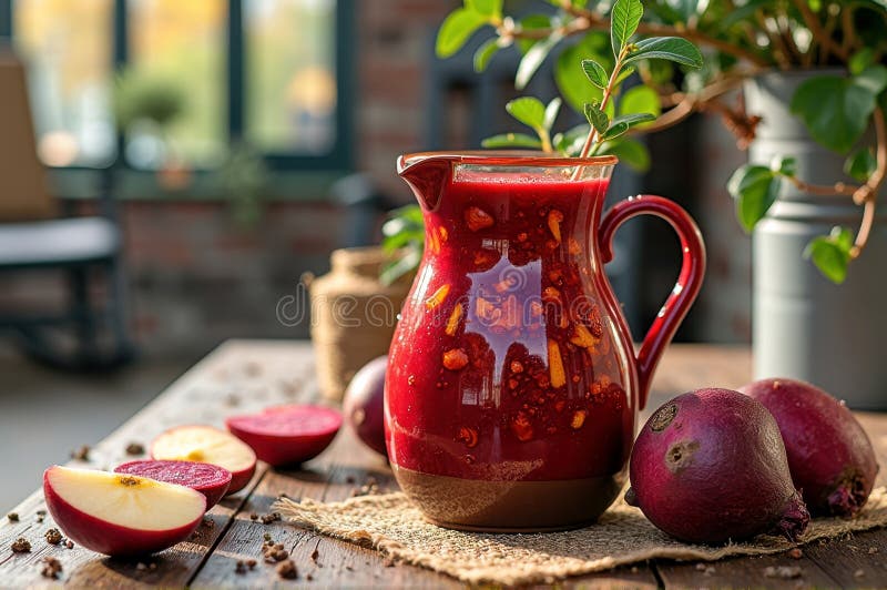 Rustic Kitchen Scene with Fresh Beet and Apple Juice in a Ceramic ...