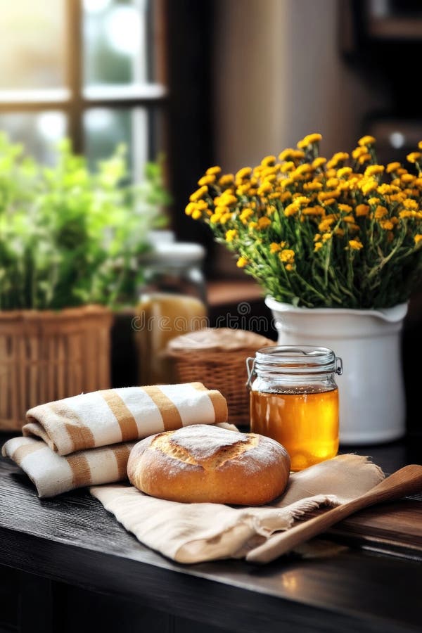 Rustic Kitchen Scene with Fresh Bread, Honey, and Flowers on Wooden ...