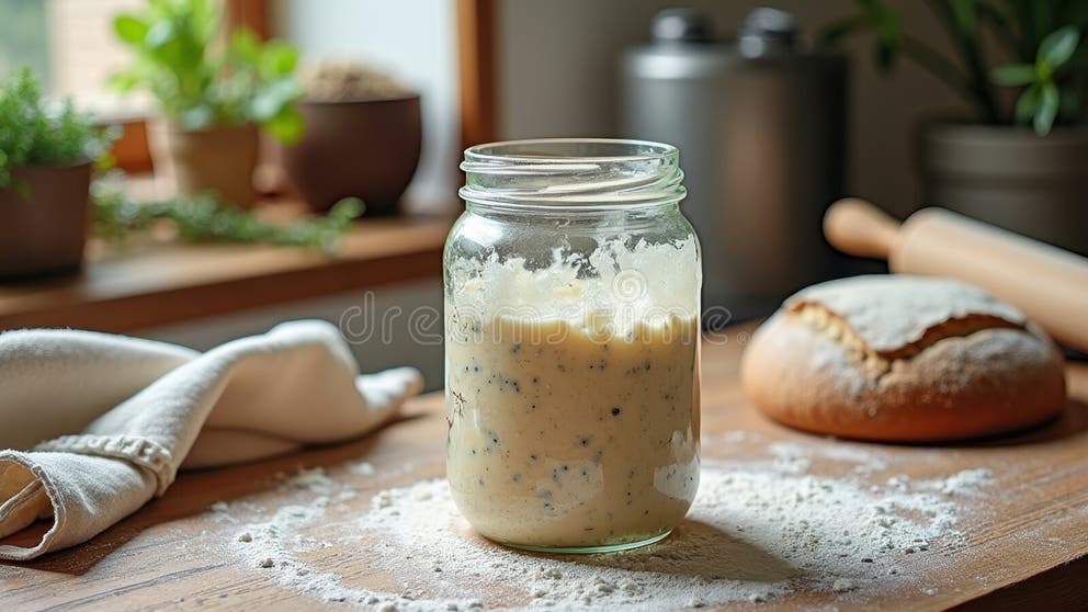 Rustic Kitchen Scene with Fresh Bread and Jar of Creamy Spread by ...
