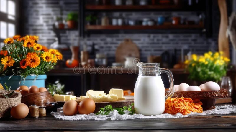 Rustic Kitchen Scene with Fresh Dairy and Vegetables on Wooden Table ...