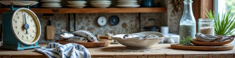 Rustic Kitchen Scene with Fresh Fish, Herbs, and Vintage Scale Stock ...