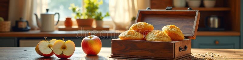 Rustic Kitchen Scene with Fresh Muffins and Apples in Sunlit Morning ...