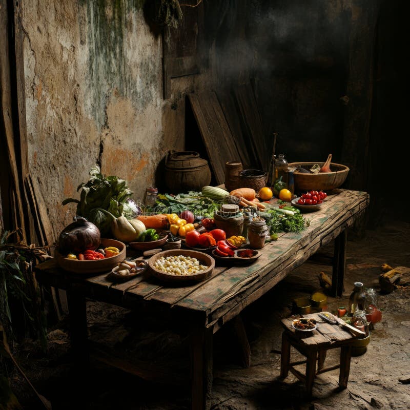 Rustic Kitchen Scene with Fresh Vegetables and Herbs on a Wooden Table ...