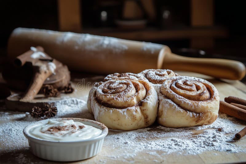 Rustic Kitchen Scene with Freshly Baked Cinnamon Rolls, Small Dish of ...