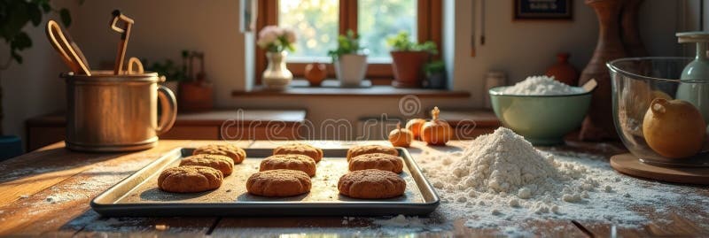 Rustic Kitchen Scene with Freshly Baked Cookies and Baking Ingredients ...