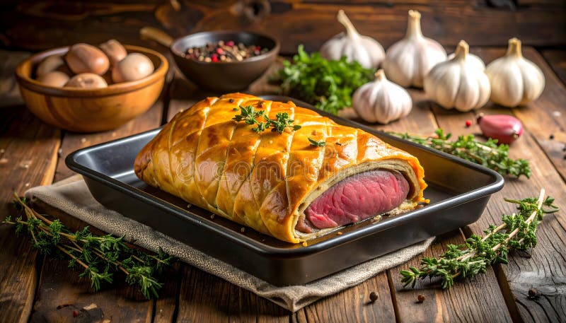 Rustic Kitchen Scene with Golden, Egg-washed Beef Wellington Fresh from ...