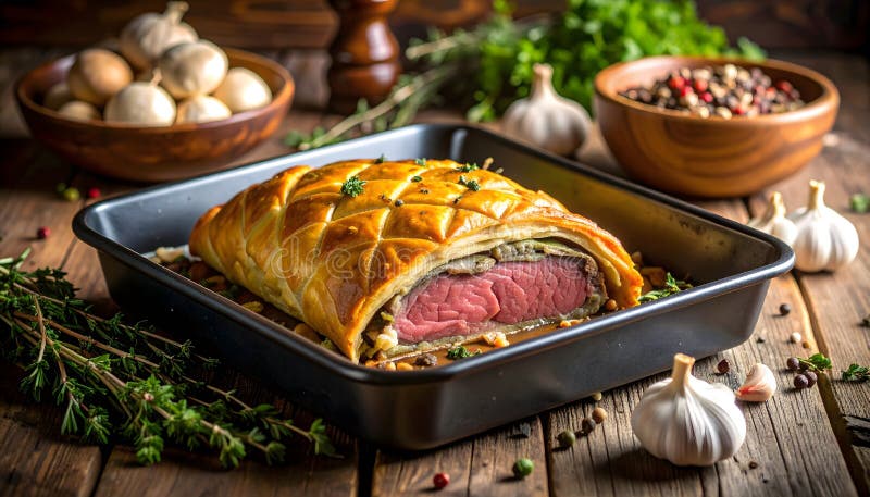 Rustic Kitchen Scene with Golden, Egg-washed Beef Wellington Fresh from ...