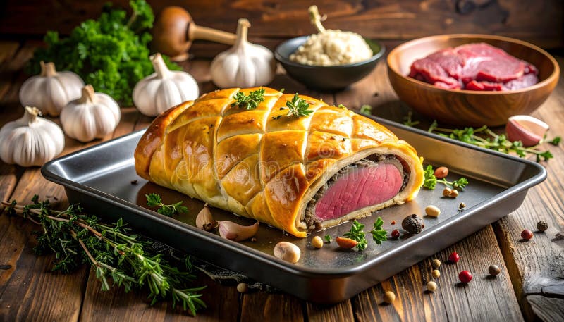 Rustic Kitchen Scene with Golden, Egg-washed Beef Wellington Fresh from ...