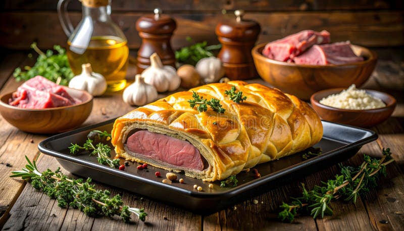 Rustic Kitchen Scene with Golden, Egg-washed Beef Wellington Fresh from ...