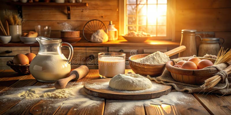 Rustic Kitchen Scene Golden Hour Baking Preparation with Dough, Milk ...
